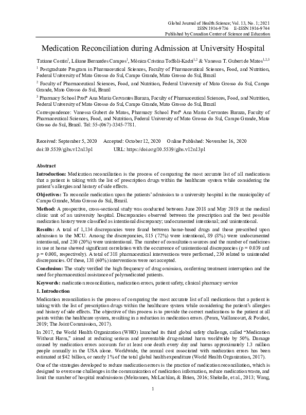 (PDF) Medication Reconciliation during Admission at University Hospital