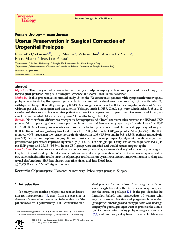 (PDF) Uterus Preservation in Surgical Correction of Urogenital Prolapse