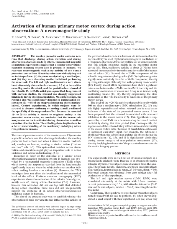 (PDF) Activation of human primary motor cortex during action ...