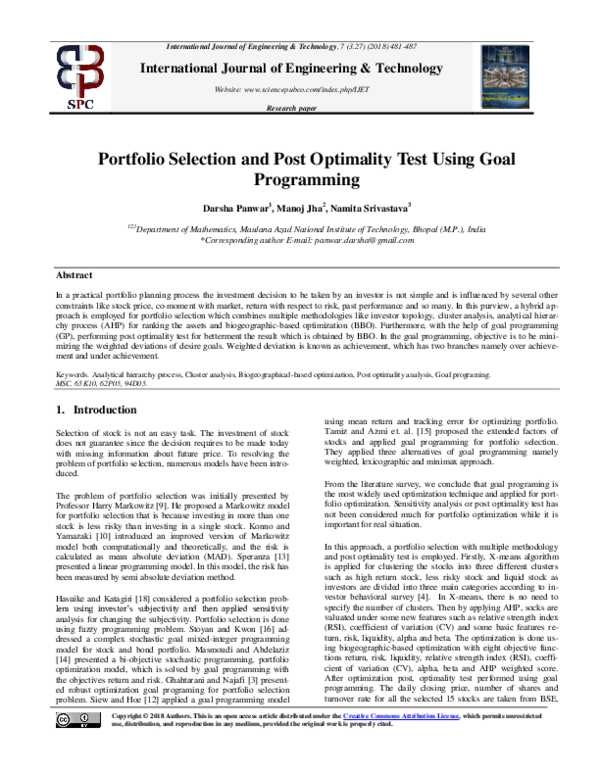 (PDF) Portfolio Selection and Post Optimality Test Using Goal Programming