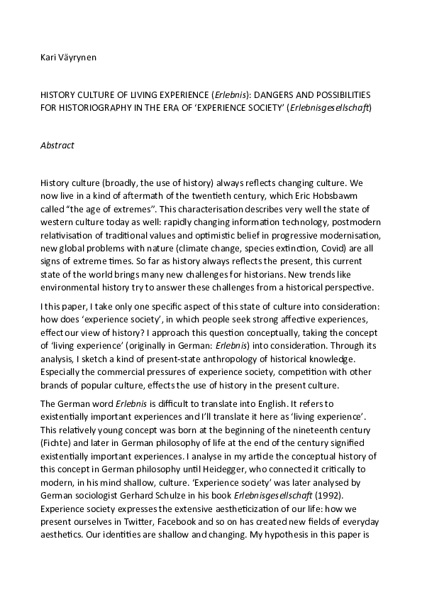 (DOC) History culture of living experience (Erlebnis): dangers and ...