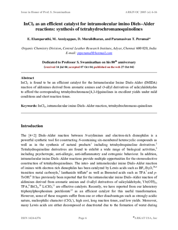 (PDF) InCl3 as an efficient catalyst for intramolecular imino Diels ...
