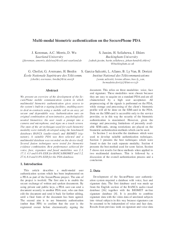 (PDF) Multi-modal biometric authentication on the SecurePhone PDA