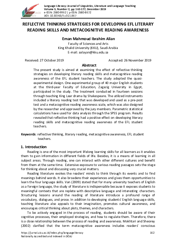 (PDF) Reflective Thinking Strategies for Developing Efl Literary ...