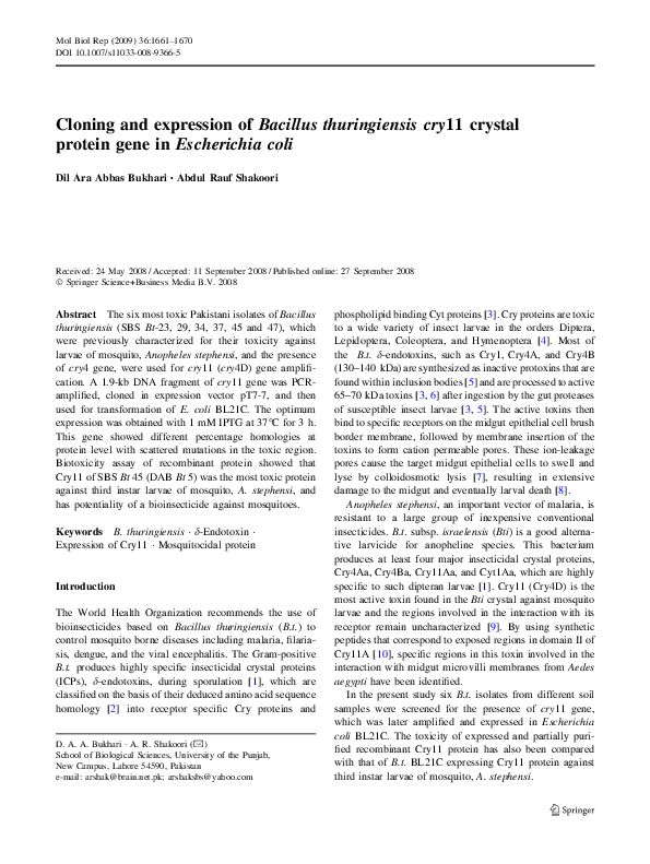 (PDF) Cloning and expression of Bacillus thuringiensis cry11 crystal ...
