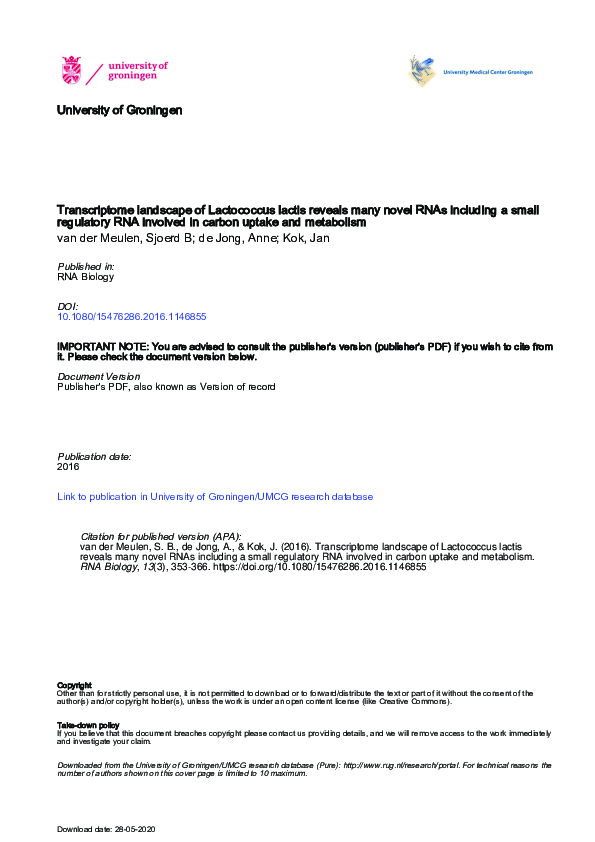 Pdf Transcriptome Landscape Of Lactococcus Lactis Reveals Many Novel