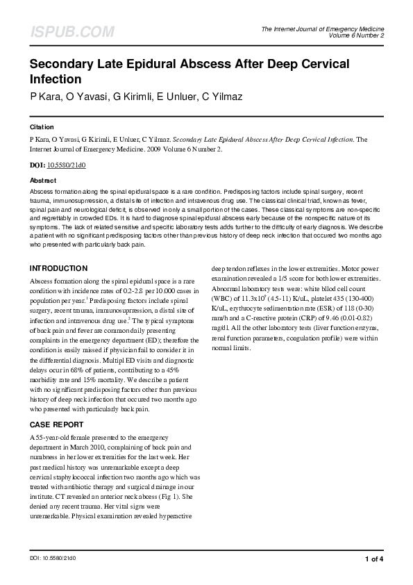 (PDF) Secondary Late Epidural Abscess After Deep Cervical Infection