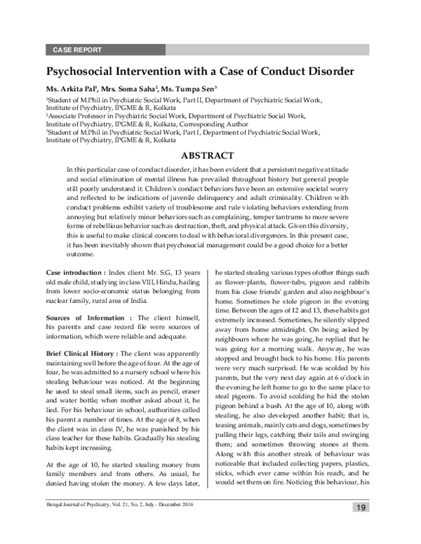 (PDF) Psychosocial Intervention with a Case of Conduct Disorder