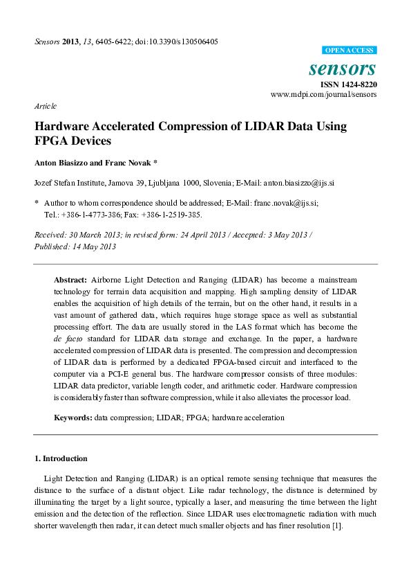 Pdf Hardware Accelerated Compression Of Lidar Data Using Fpga Devices