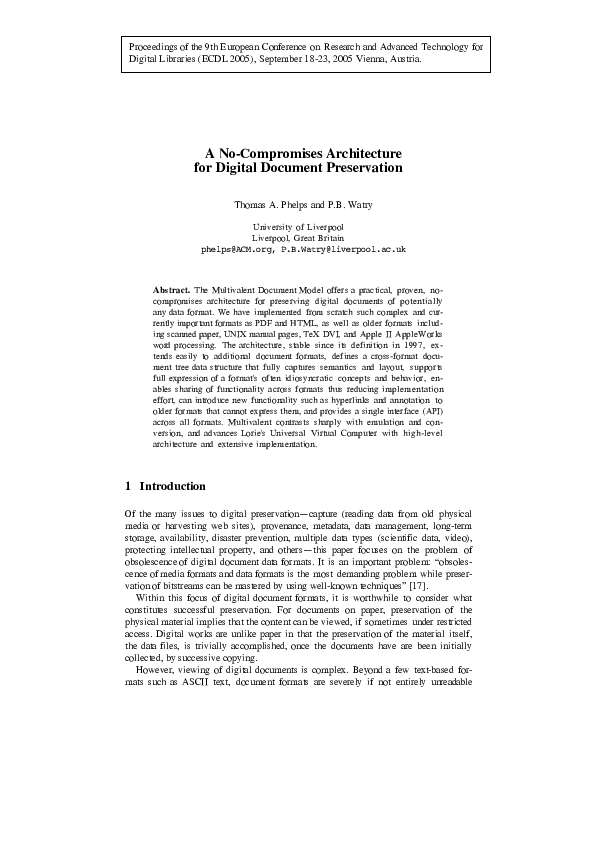 (PDF) A No-Compromises Architecture for Digital Document Preservation