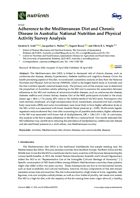 (PDF) Adherence to the Mediterranean Diet and Chronic Disease in ...