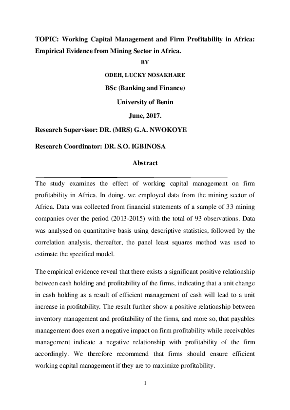 (PDF) TOPIC: Working Capital Management and Firm Profitability in Africa: Empirical Evidence ...