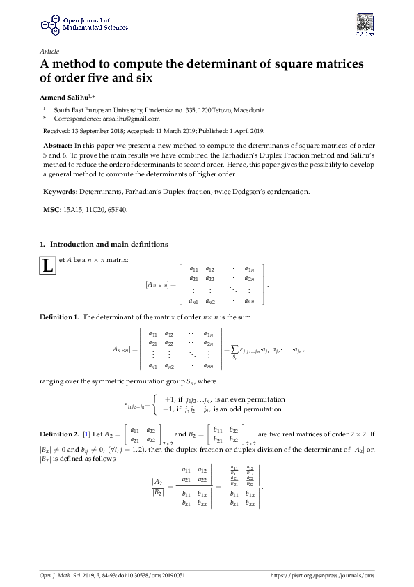 (PDF) A method to compute the determinant of square matrices of order ...