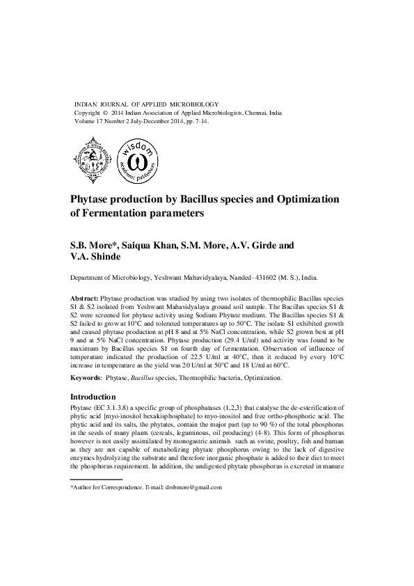 (PDF) Phytase production by Bacillus species and Optimization of Fermentation parameters
