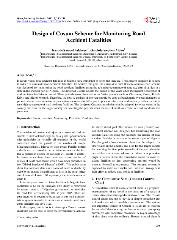 (PDF) Design of Cusum Scheme for Monitoring Road Accident Fatalities