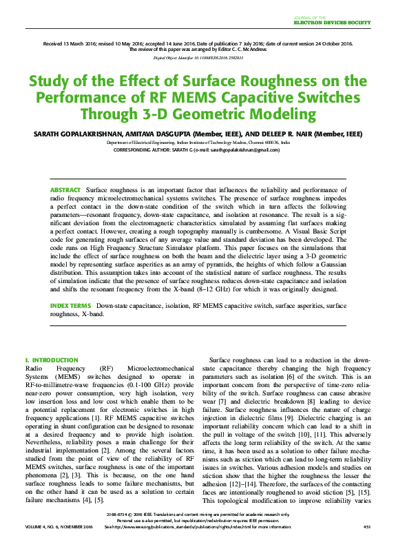 (PDF) Study of the Effect of Surface Roughness on the Performance of RF MEMS Capacitive Switches ...