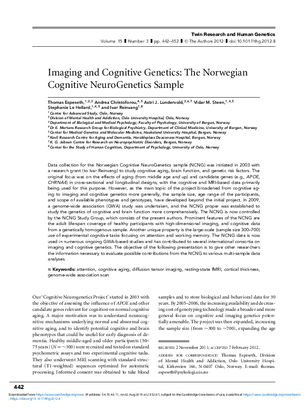 (PDF) Imaging and Cognitive Genetics: The Norwegian Cognitive NeuroGenetics Sample