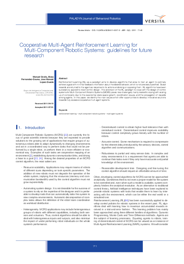 (PDF) Cooperative Multi-Agent Reinforcement Learning for Multi-Component Robotic Systems ...