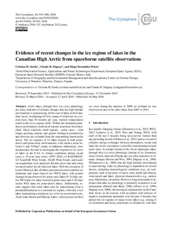 (PDF) Evidence of recent changes in the ice regime of lakes in the ...