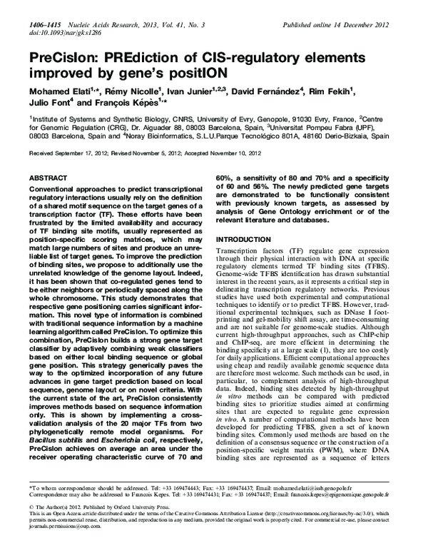Pdf Precision Prediction Of Cis Regulatory Elements Improved By Gene