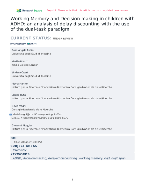 (PDF) Working Memory and Decision making in children with ADHD: an ...