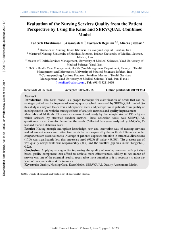 (PDF) Evaluation of the Nursing Services Quality from the Patient Perspective by Using the Kano ...
