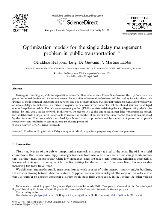(PDF) Optimization models for the single delay management problem in ...