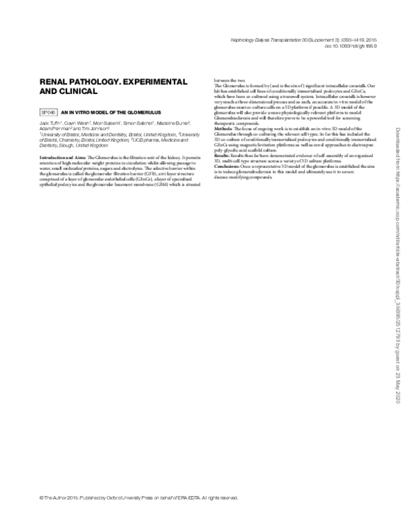 (PDF) SP046AN in Vitro Model of the Glomerulus | Jack Tuffin - Academia.edu