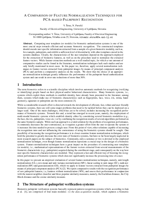 (PDF) A Comparison of Feature Normalization Techniques for Pca-Based Palmprint Recognition