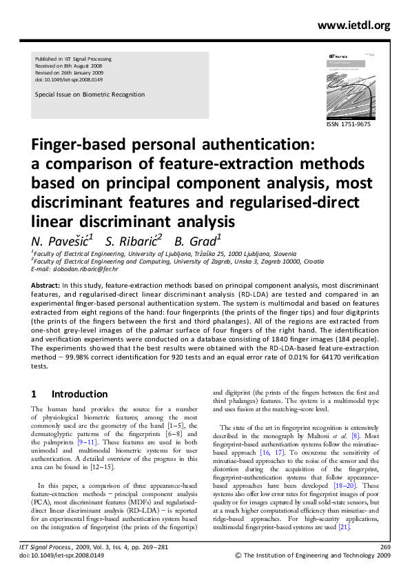 (PDF) Finger-based personal authentication: a comparison of feature-extraction methods based on ...