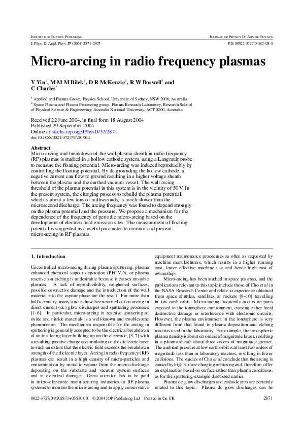 (PDF) Micro-arcing in radio frequency plasmas