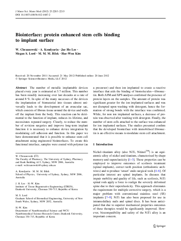 (PDF) Biointerface: protein enhanced stem cells binding to implant surface
