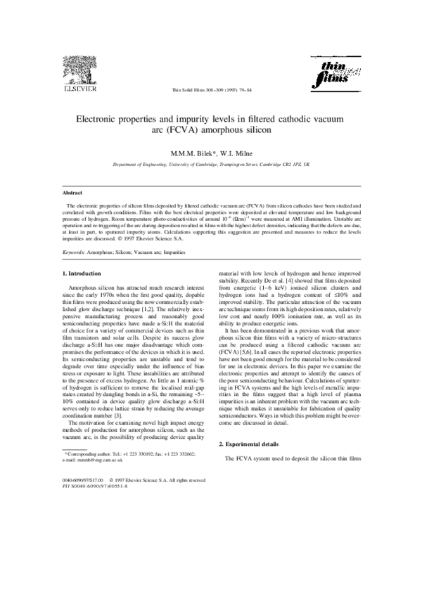 (PDF) Impurity Levels and Electronic Properties of FCVA Amorphous Silicon