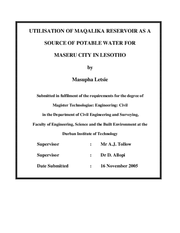 (PDF) Utilisation of Maqalika Reservoir as a source of potable water ...