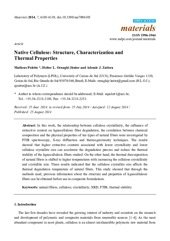 (PDF) Native Cellulose: Structure, Characterization and Thermal Properties