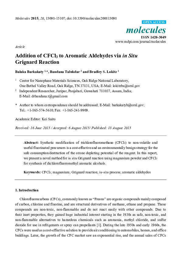 (PDF) Addition of CFCl3 to Aromatic Aldehydes via in Situ Grignard Reaction