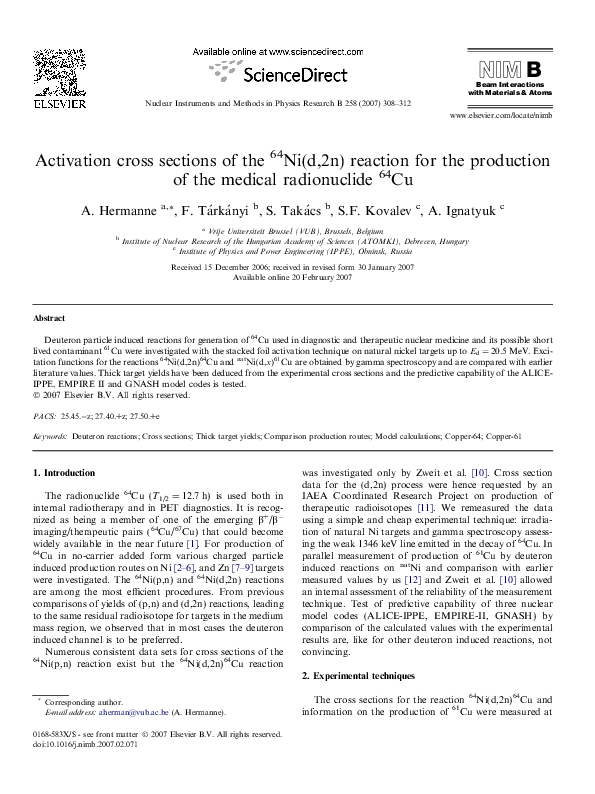 (PDF) Activation cross sections of the 64Ni(d,2n) reaction for the ...