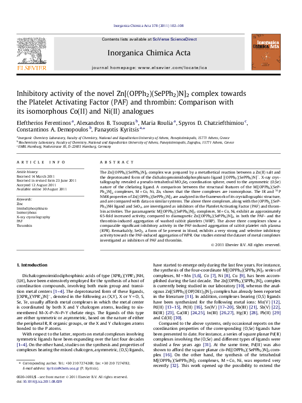 (PDF) Inhibitory activity of the novel Zn[(OPPh2)(SePPh2)N]2 complex ...