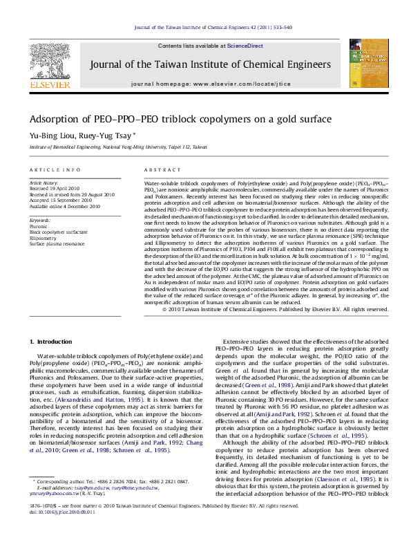 (PDF) Adsorption of PEO–PPO–PEO triblock copolymers on a gold surface