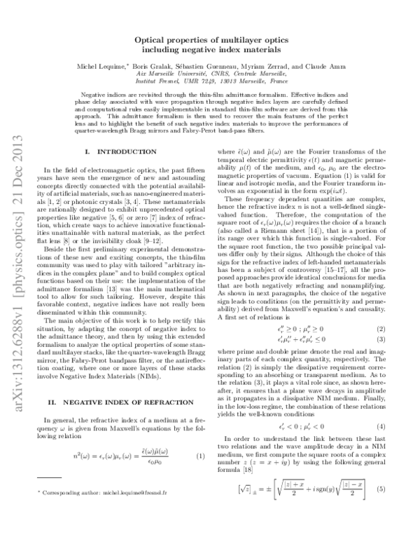 Pdf Optical Properties Of Multilayer Optics Including Negative Index