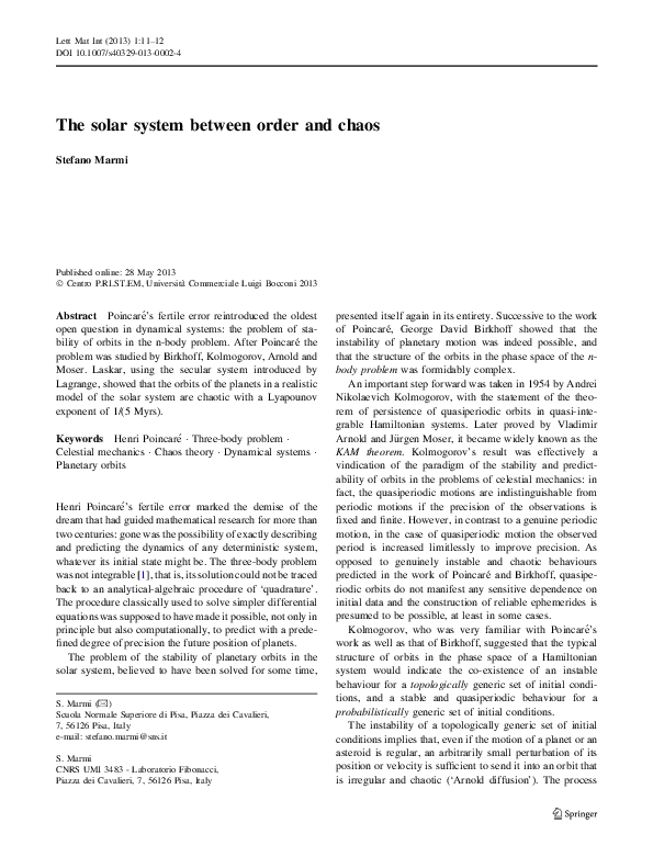 (PDF) The solar system between order and chaos