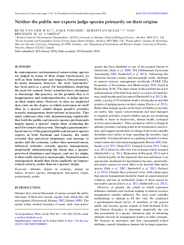 (PDF) Neither the public nor experts judge species primarily on their ...