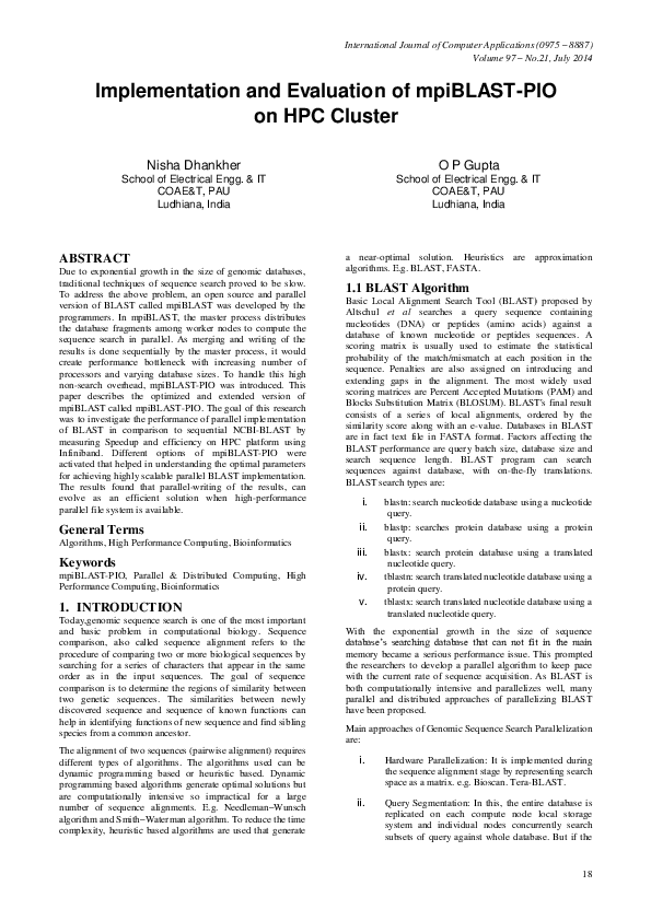 (PDF) Implementation and Evaluation of mpiBLAST-PIO on HPC Cluster