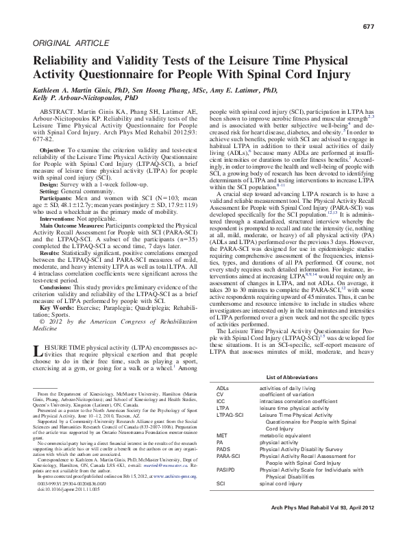 (PDF) Reliability and Validity Tests of the Leisure Time Physical ...