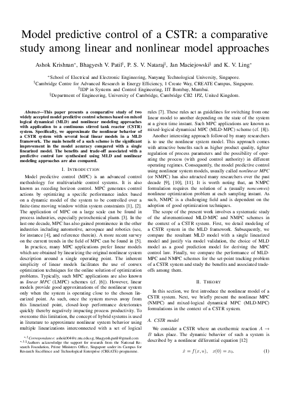(PDF) Model predictive control of a CSTR: A comparative study among ...