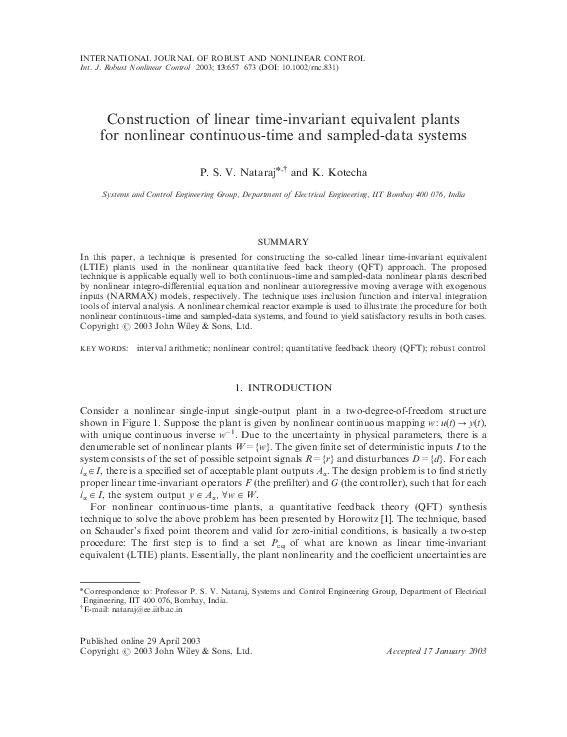 (PDF) Construction of linear time-invariant equivalent plants for nonlinear continuous-time and ...