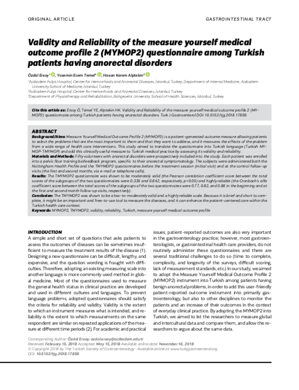 (PDF) Validity and Reliability of the Measure Yourself Medical Outcome ...