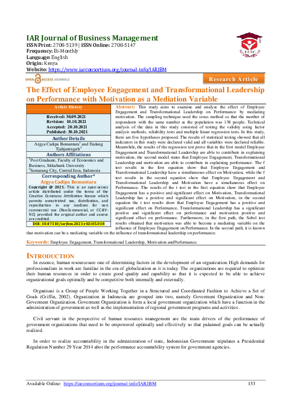 (PDF) The Effect of Employee Engagement and Transformational Leadership on Performance with ...