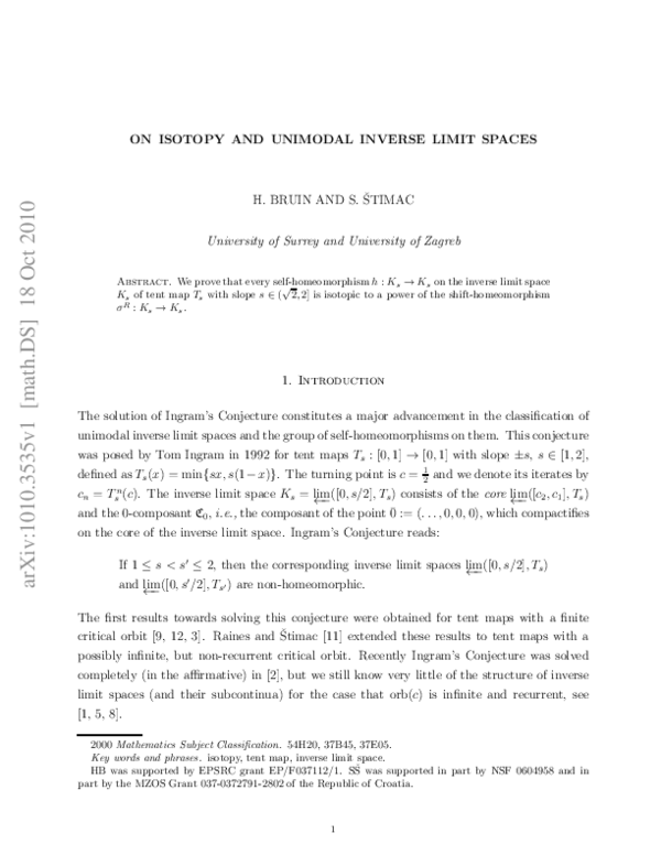 Pdf On Isotopy And Unimodal Inverse Limit Spaces