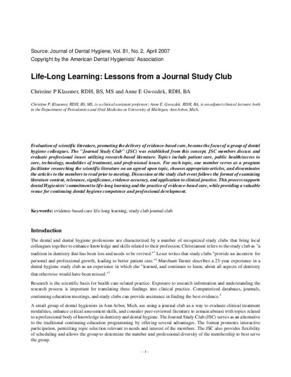 (PDF) Life-long learning: lessons from a Journal Study Club